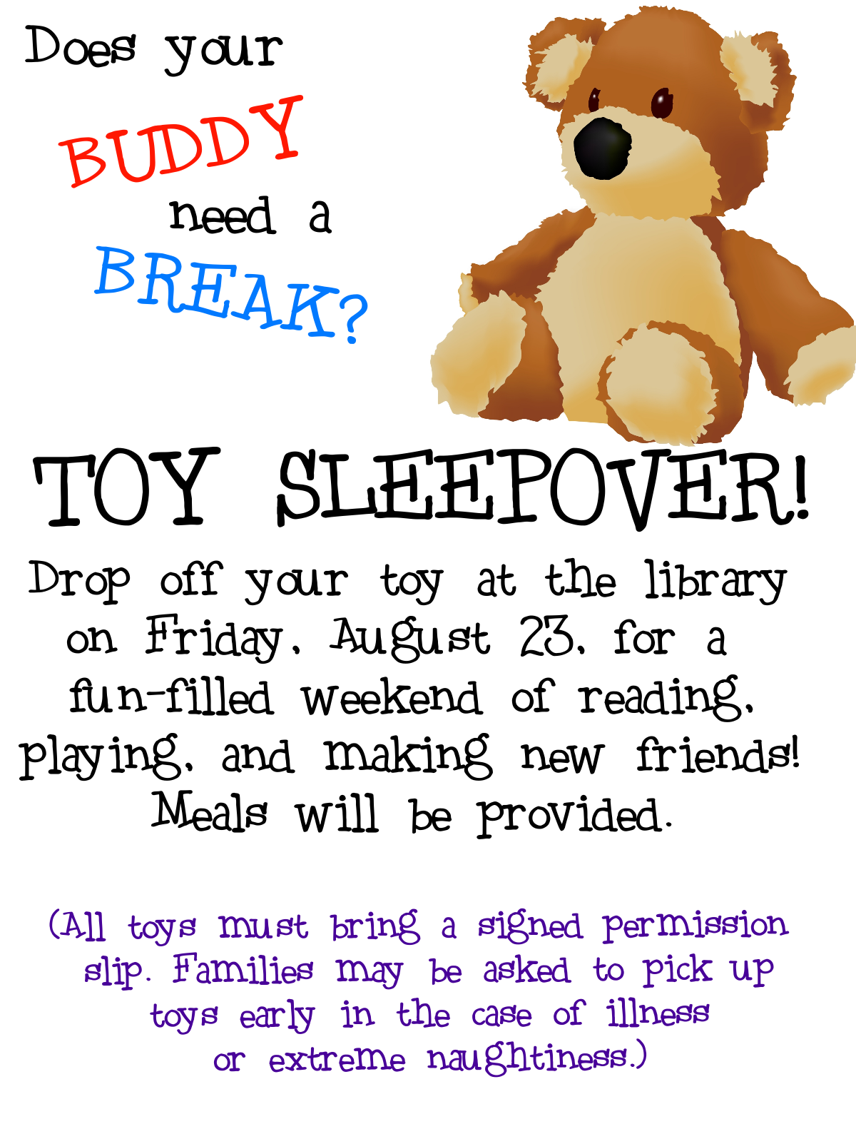 8th toy sleepover ends summer, 2024! – Muehl Public Library